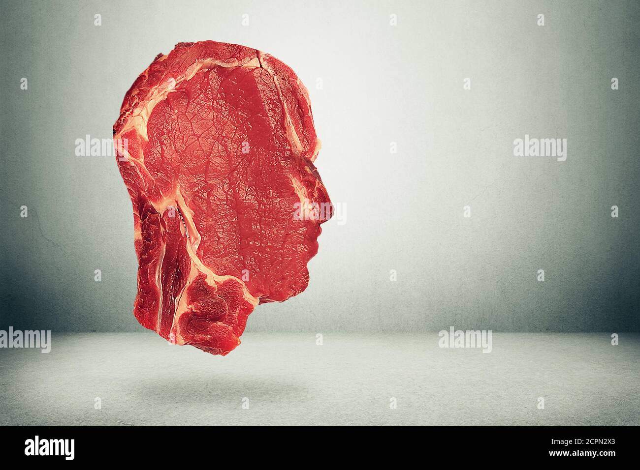 Food balance health related eating choices. Red steak meat shaped as ...