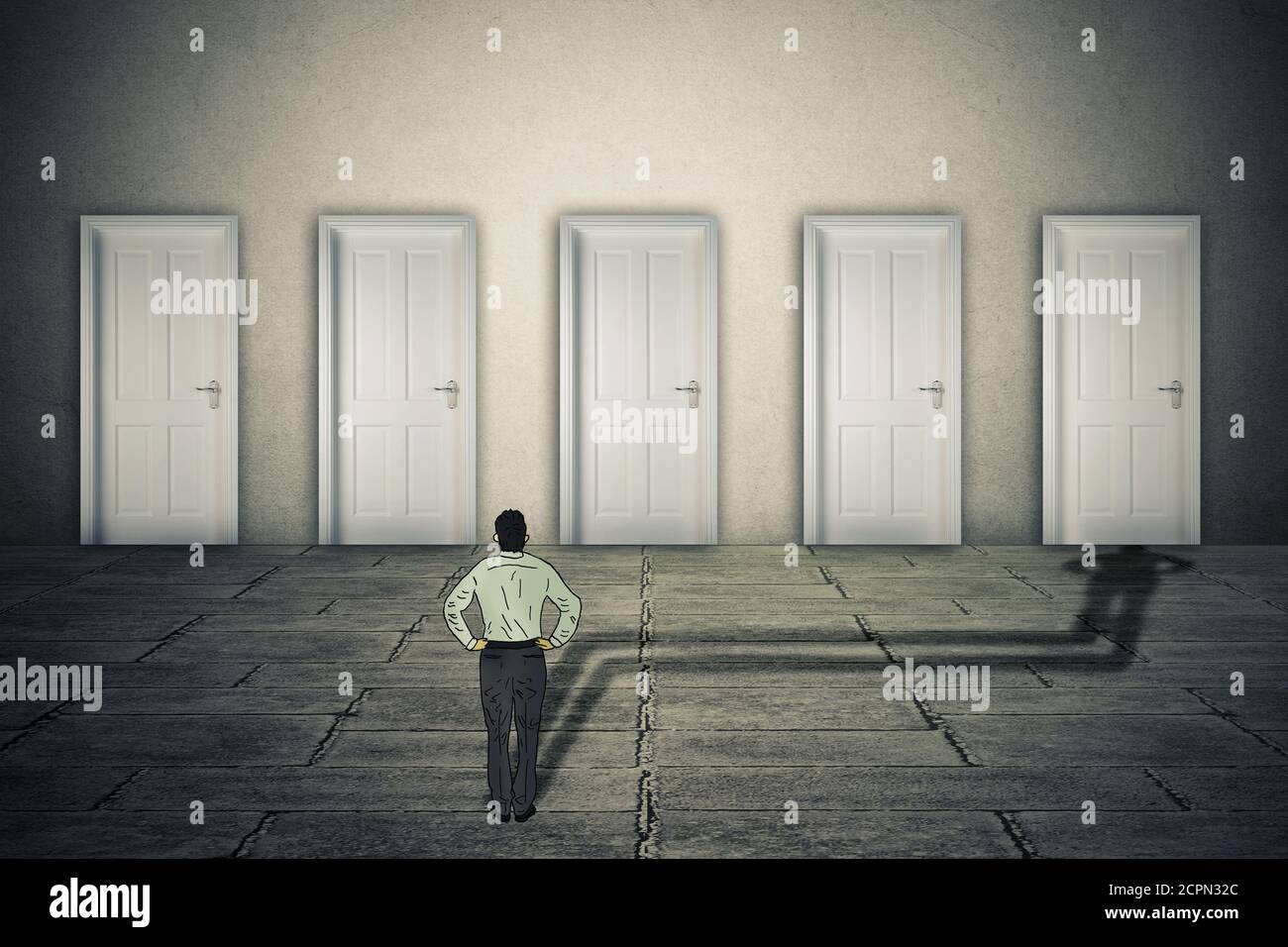 Making a choice opportunity concept. Businessman facing group of career ...