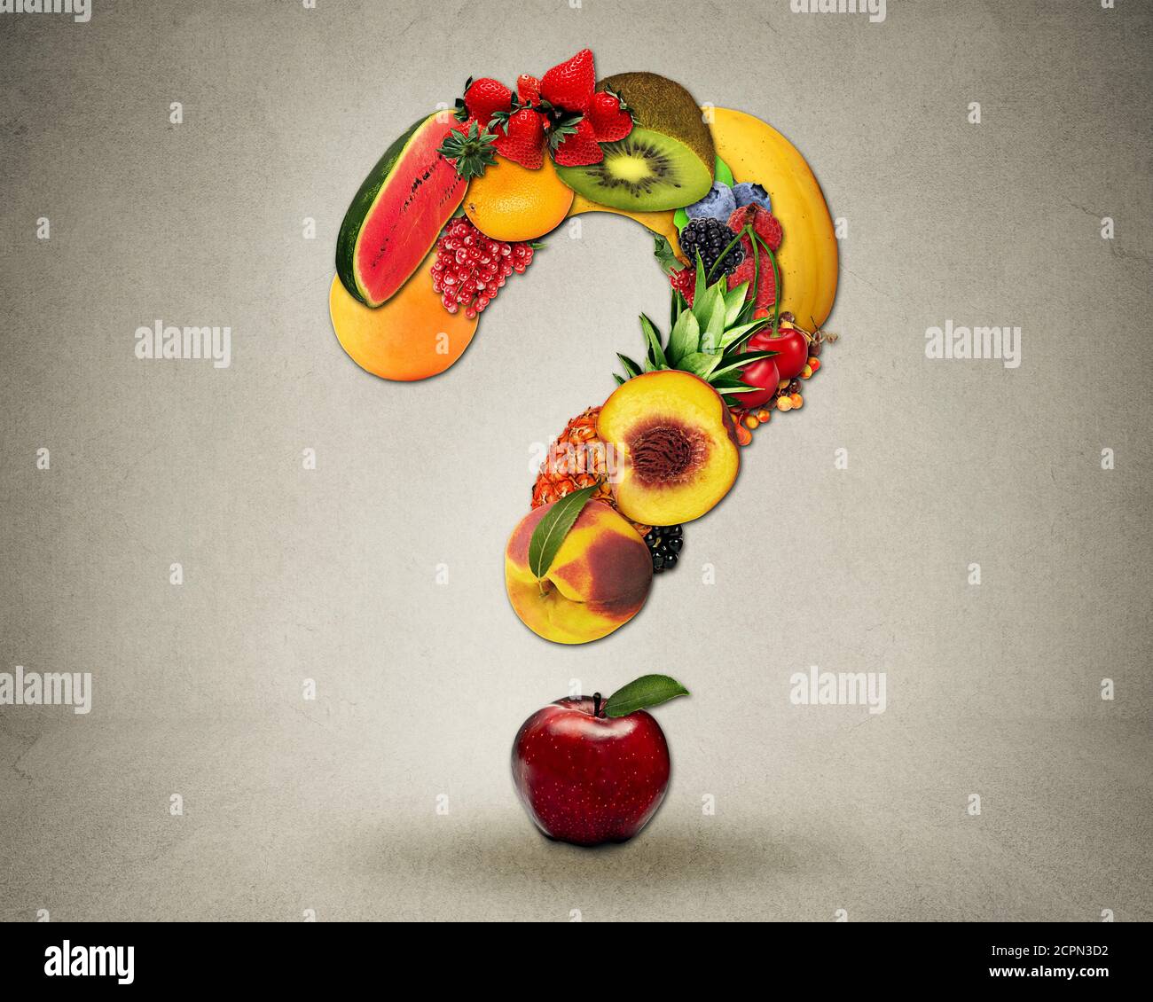 Fresh diet questions concept as group of fruits in the shape of ...