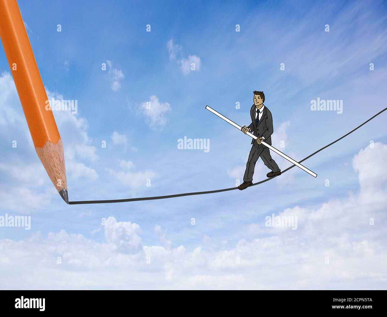 Young businessman balancing on tight rope controlled sketched by ...