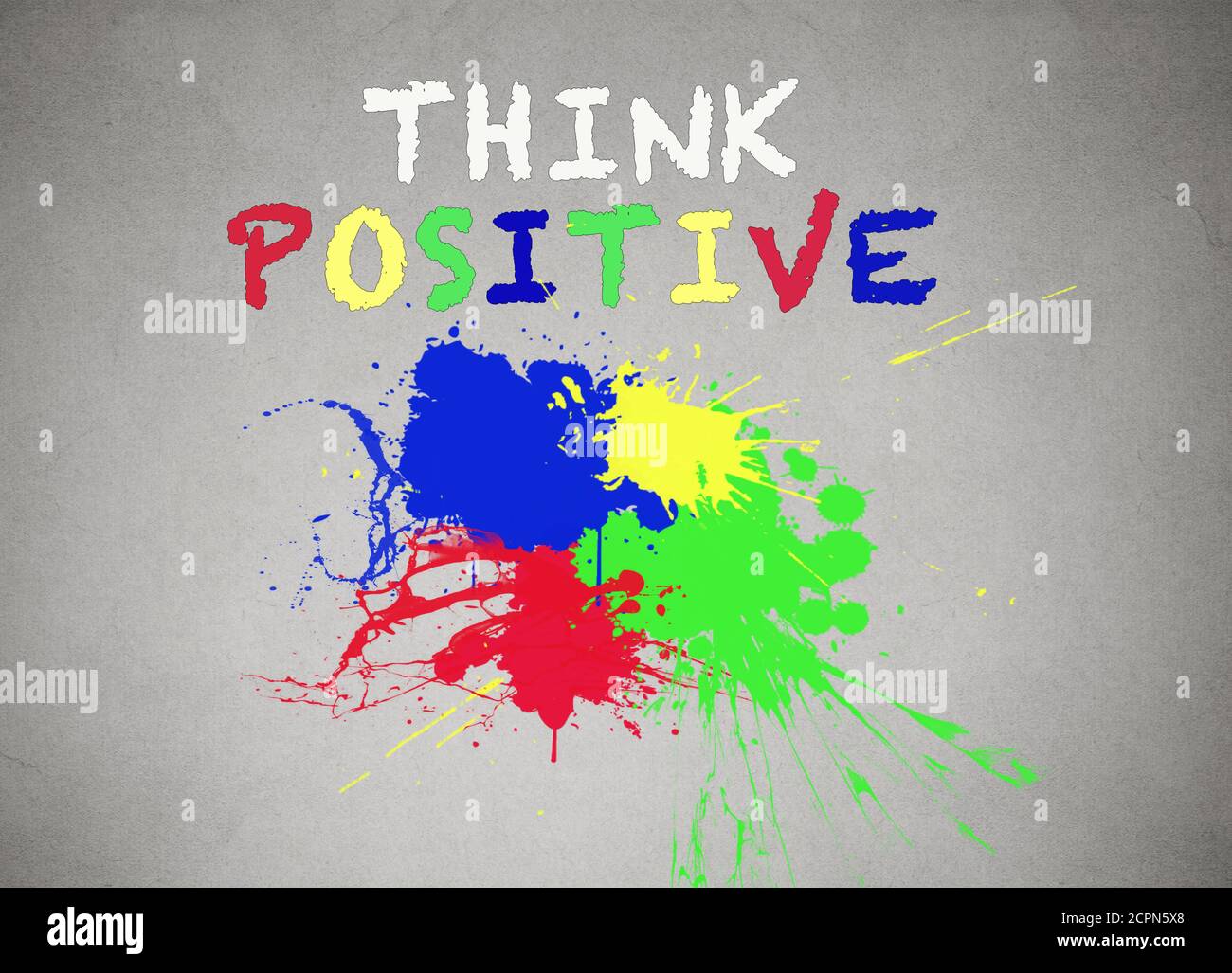 Green, blue, red, yellow splatter of paint isolated grey wall ...