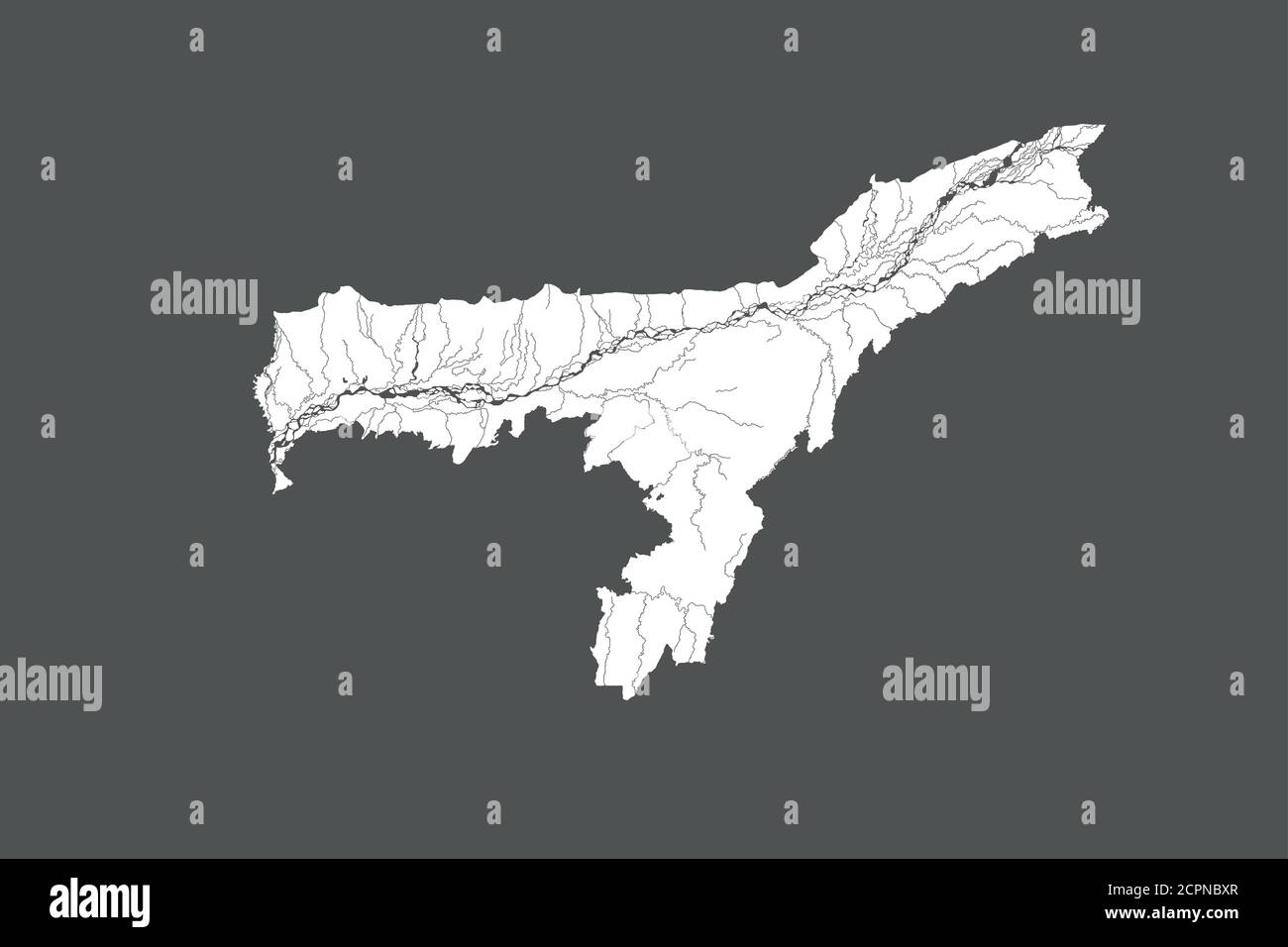 India states - map of Assam. Hand made. Rivers and lakes are shown ...