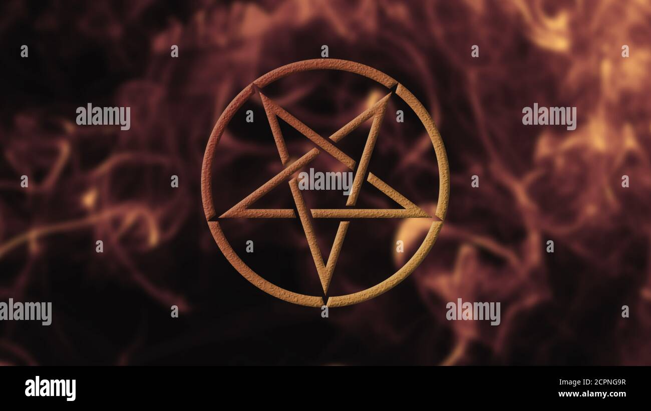 An inverted pentagram in a circle. Blurred background of red-yellow ...