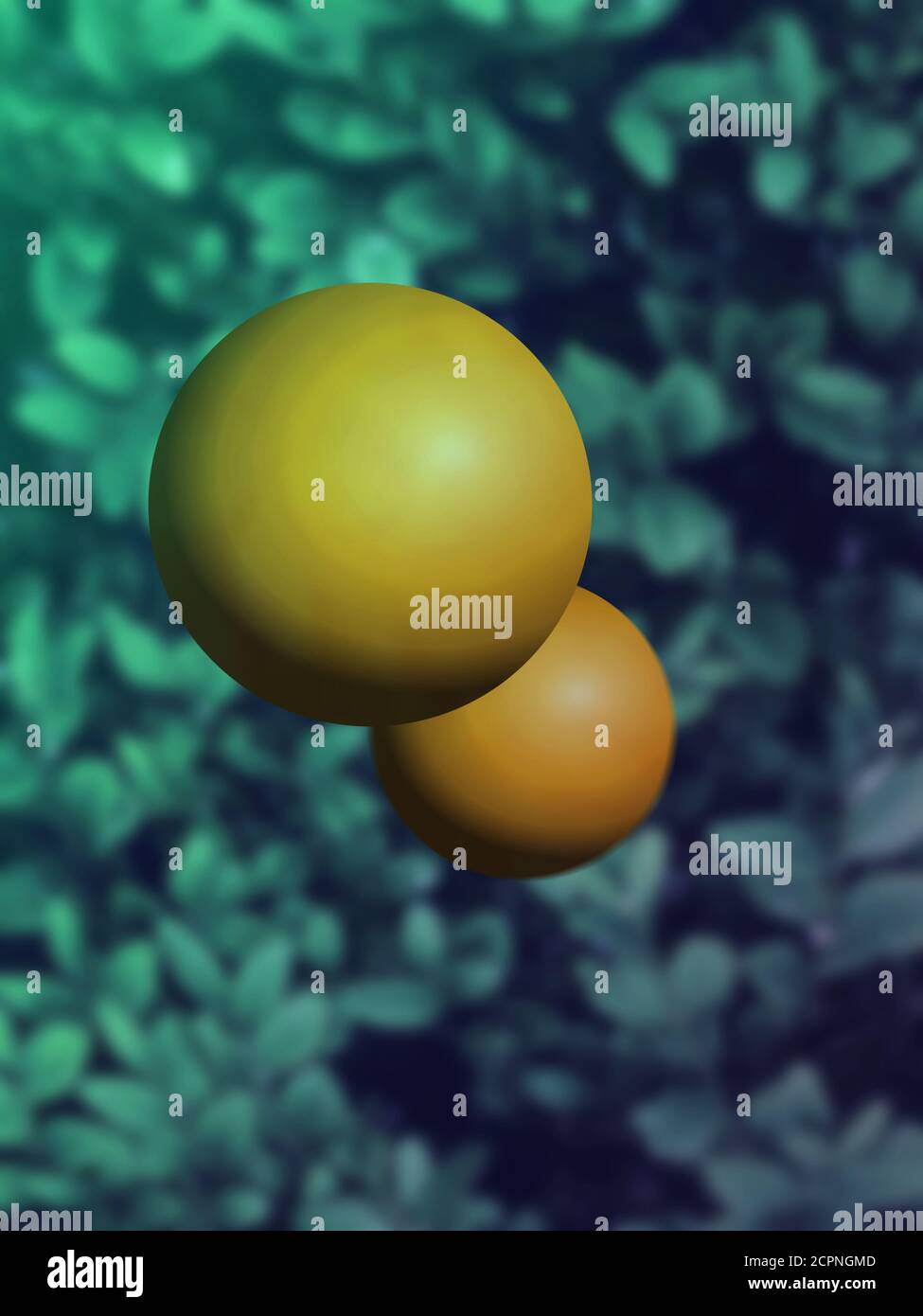 Falling yellow balls. Close-up. Blurred foliage background. 3D ...