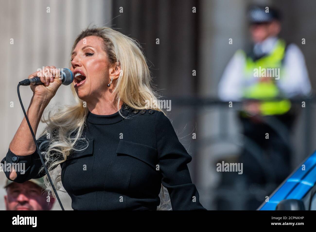 London, UK. 19th Sep, 2020. Kate Shemirani on the makeshift stage ...