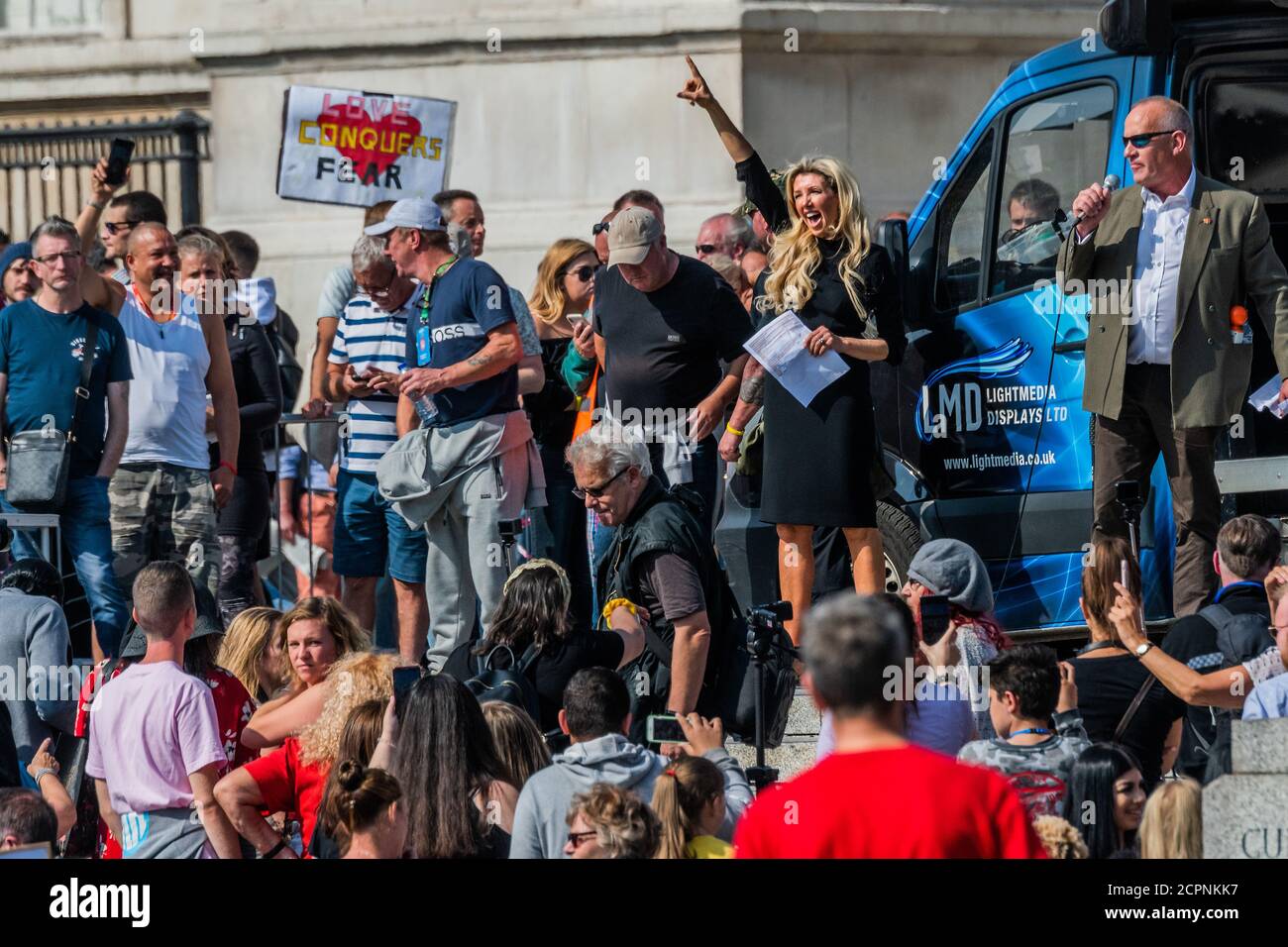 London, UK. 19th Sep, 2020. Kate Shemirani on the makeshift stage ...
