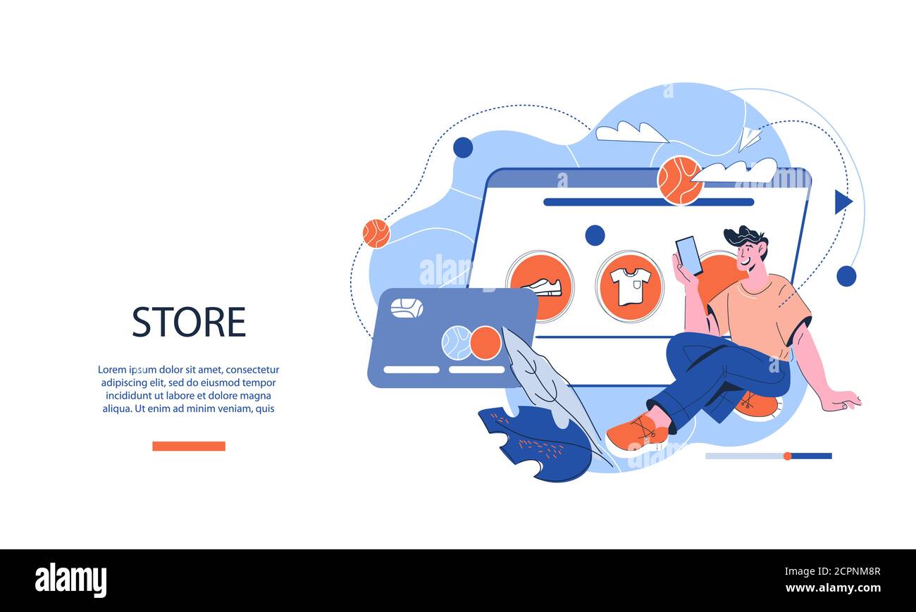Online store services website template with man shopping online vector ...