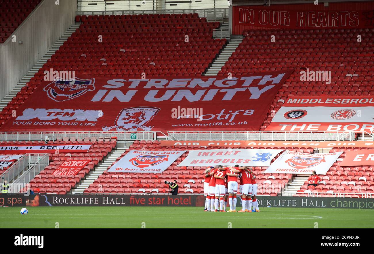 Middlesbrough team huddle before the Sky Bet Championship match at the ...