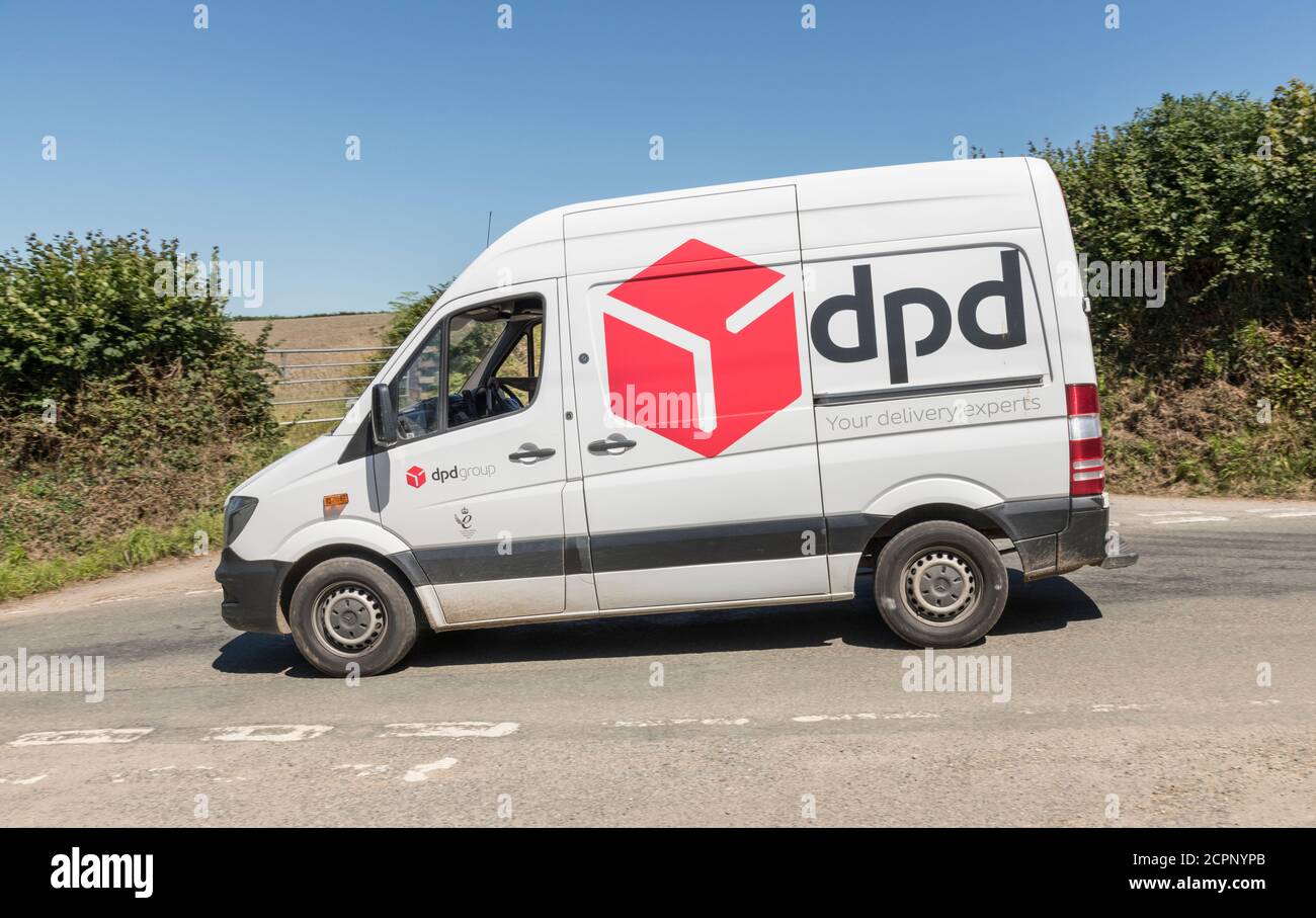 White DPD delivery van (Mercedes) with familiar red box on Cornish ...