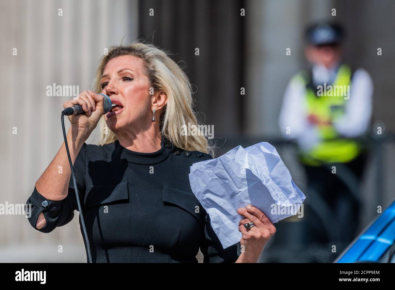 London, UK. 19th Sep, 2020. Kate Shemirani on the makeshift stage ...