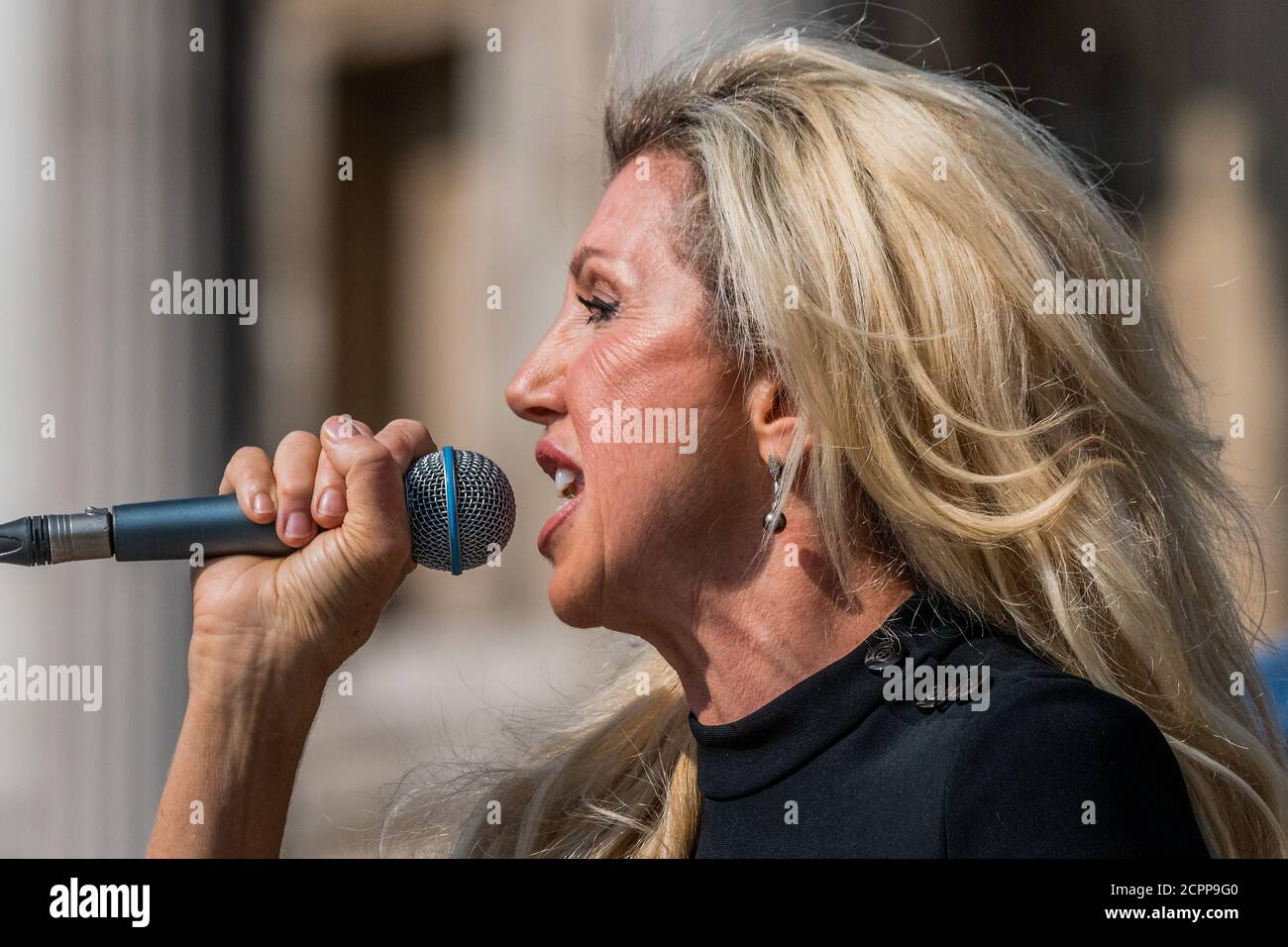 London, UK. 19th Sep, 2020. Kate Shemirani on the makeshift stage ...