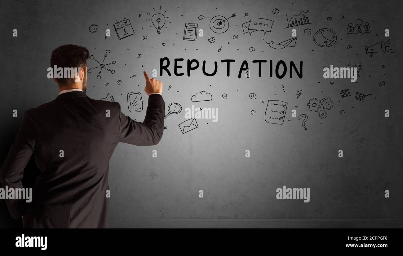 businessman drawing a creative idea sketch with REPUTATION inscription ...