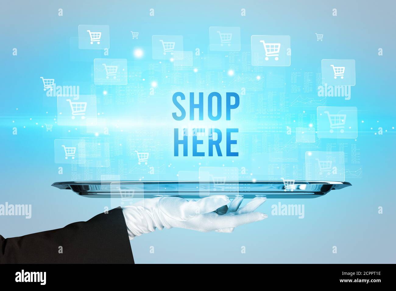 Waiter serving SHOP HERE inscription, online shopping concept Stock ...