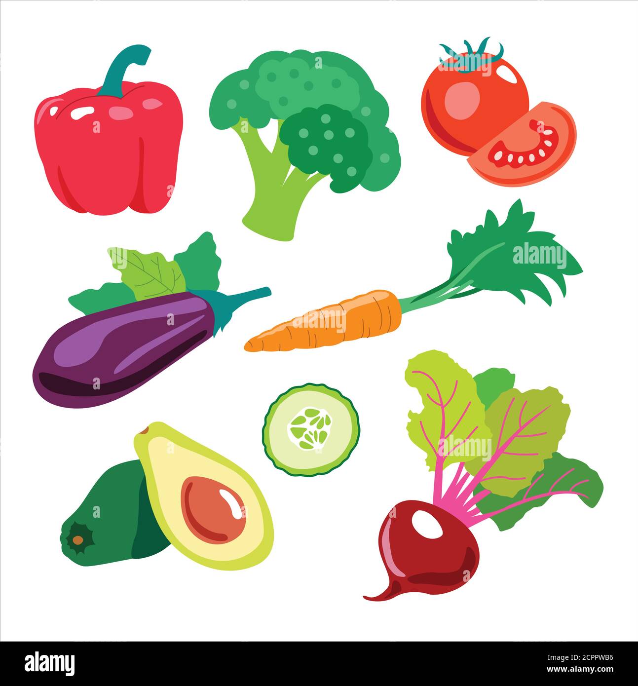 Vegetables set. Avocado, pepper, cucumber, tomato, broccoli, eggplant ...