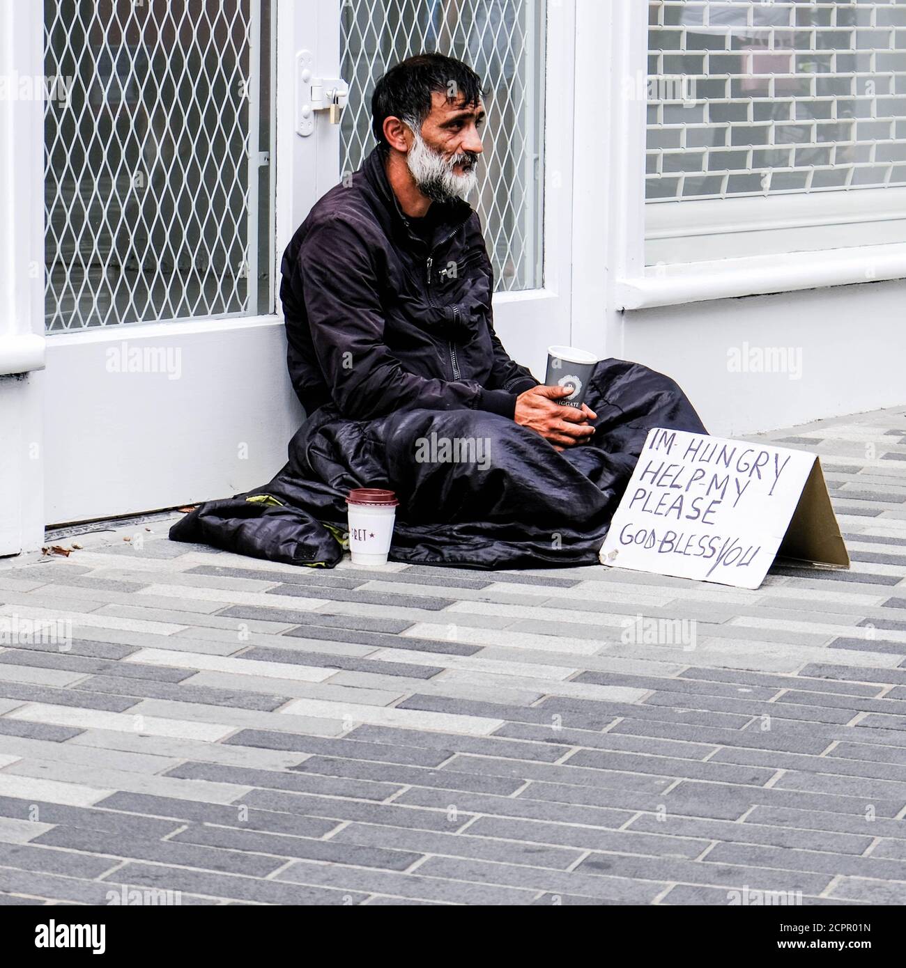 London, UK, September 19, 2020, Homeless Man Sitting On Pavement ...
