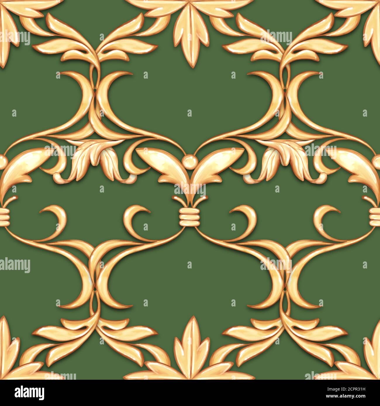 Seamless delicate green baroque pattern with gold scrolls Stock Photo ...