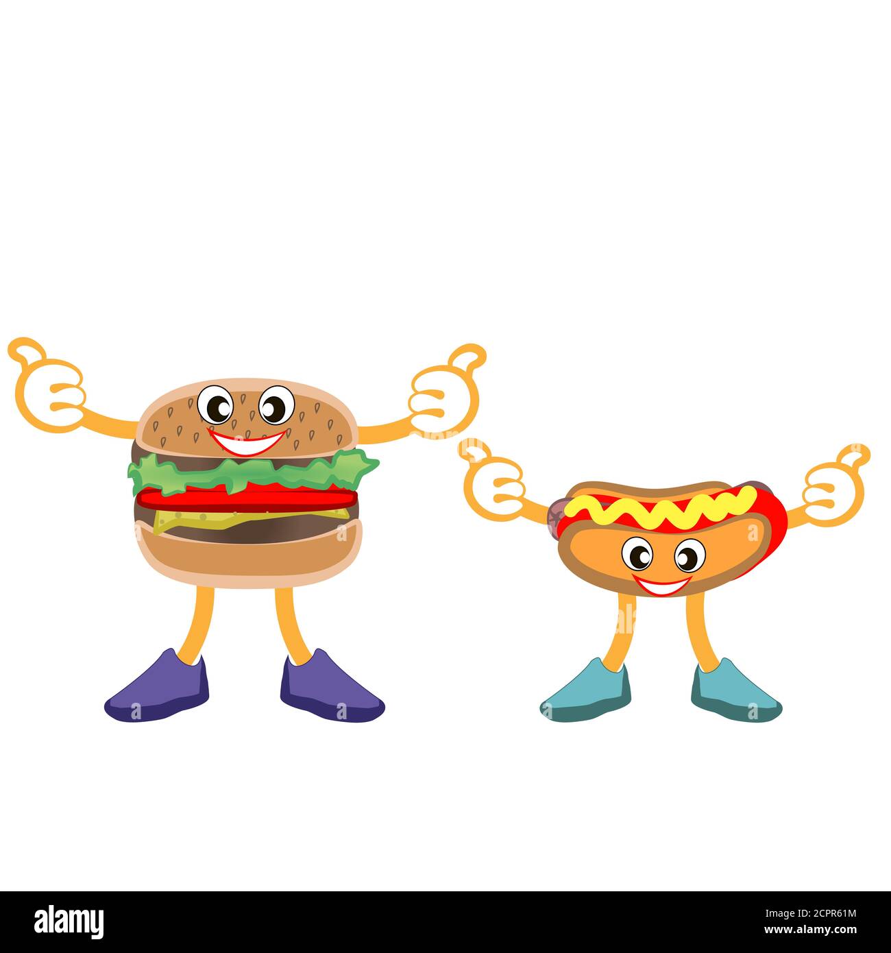 Positive two friends hamburger and hot dog isolated white background ...