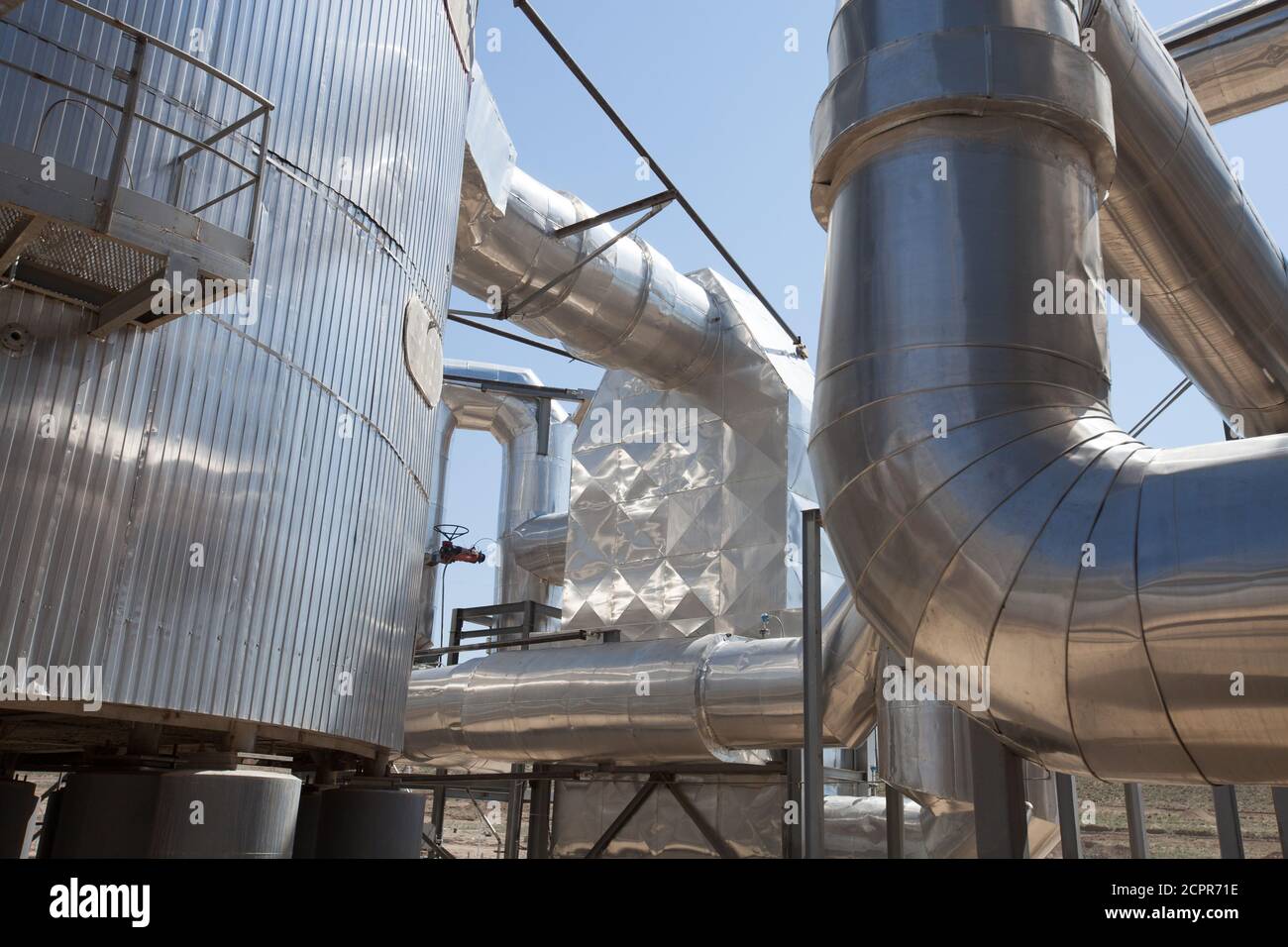 Sulfuric acid plant. Metal furnace, pipes and equipment. Close up ...