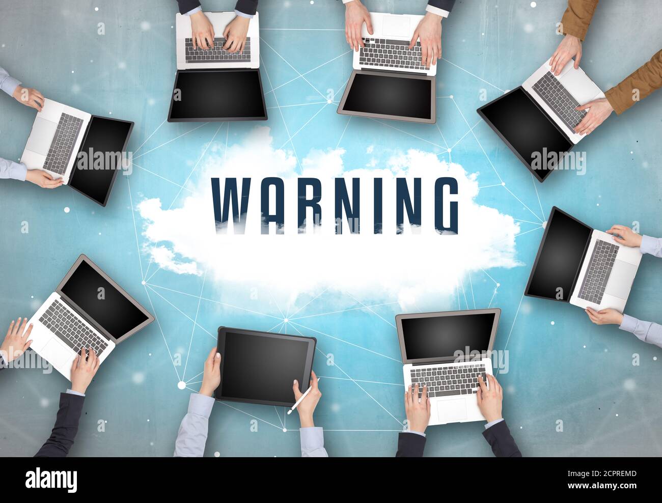 Group of people having a meeting with WARNING insciption, web security ...