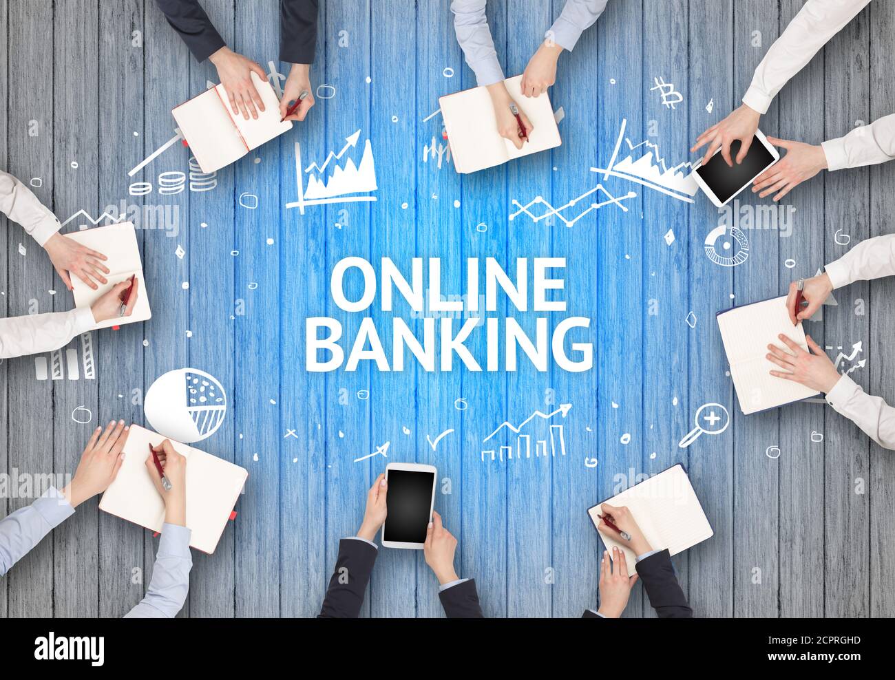 Group of Busy People Working in an Office with ONLINE BANKING ...