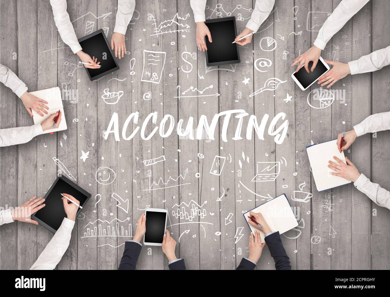 Group of business people working in office with ACCOUNTING inscription ...