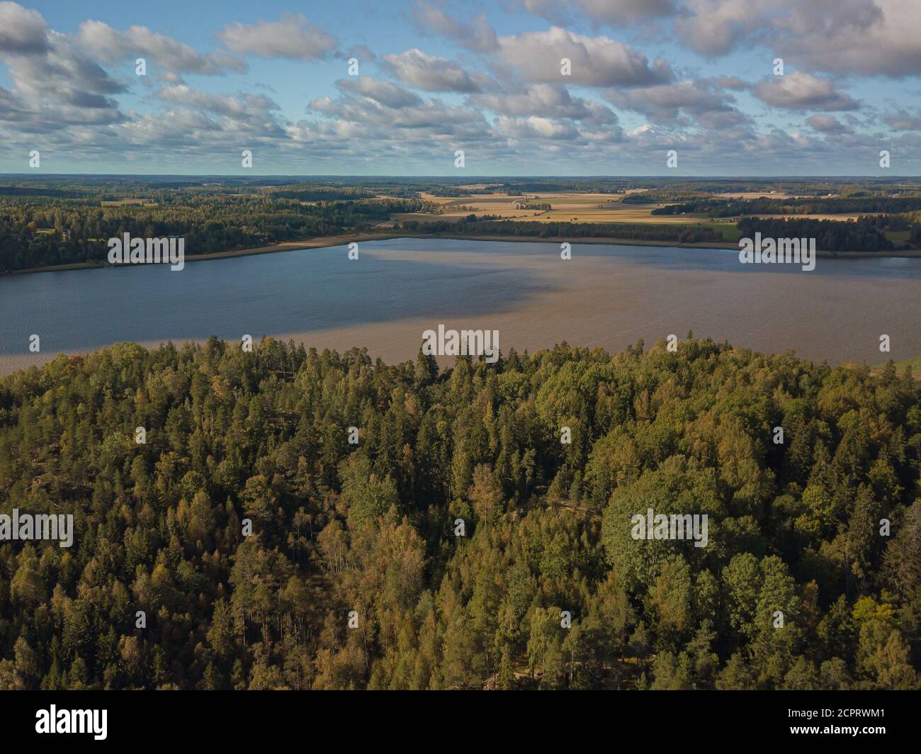 Aerial landscape, countryside, lake, forest and fields. Landscape of ...