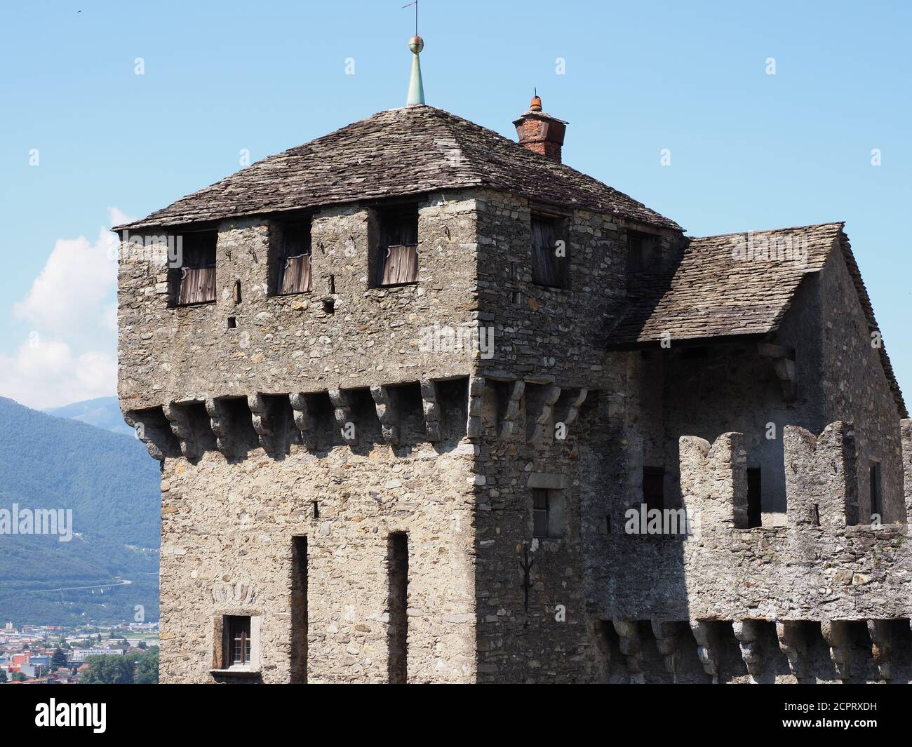 Stony towers of Montebello castle in Bellinzona city in Switzerland ...