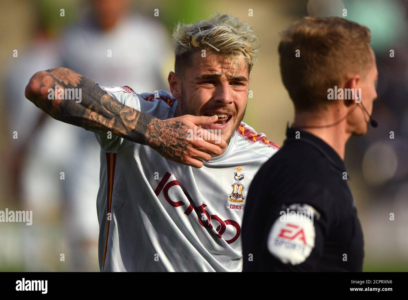 Bradford City's Tyler French appeals to match referee Will Finnie ...