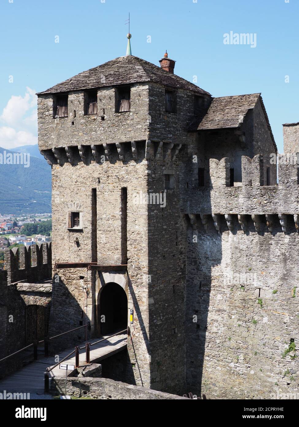Towers of Montebello castle in Bellinzona city, Switzerland - vertical ...
