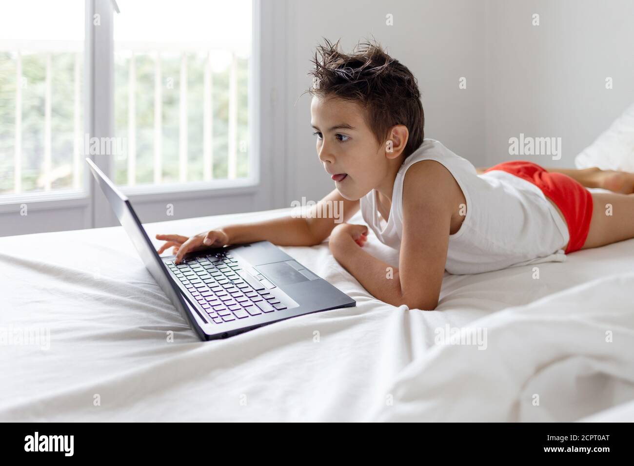 Excited little boy looking at the laptop screen, Online education ...