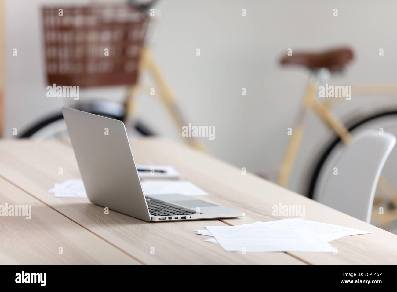 Empty office worker workplace, modern wooden table with laptop Stock ...