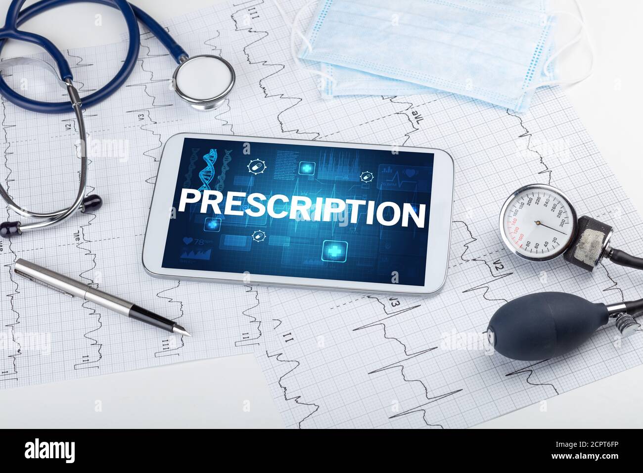Tablet pc and medical stuff with PRESCRIPTION inscription, prevention ...