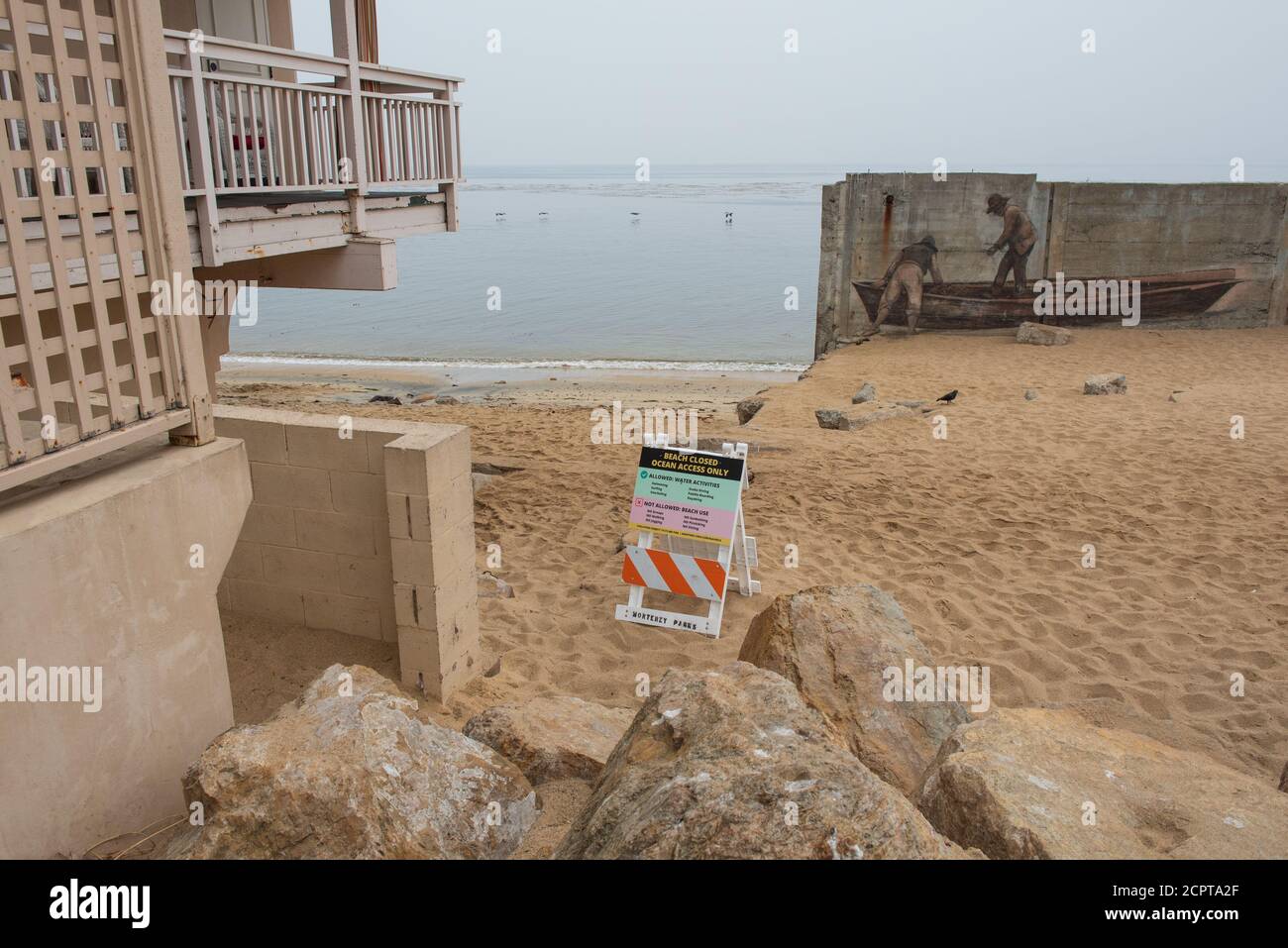 Monterey, CA, USA. September 11, 2020. Beach access is closed , ocean ...