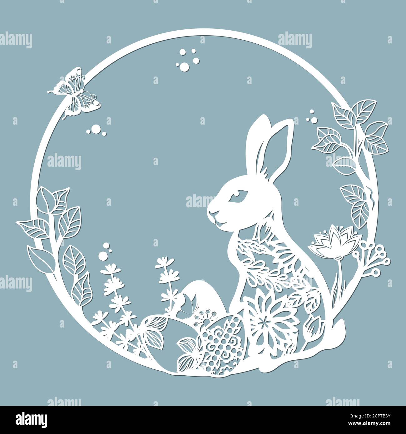 rabbit, hare in a round frame, with patterns, flowers, butterflies ...