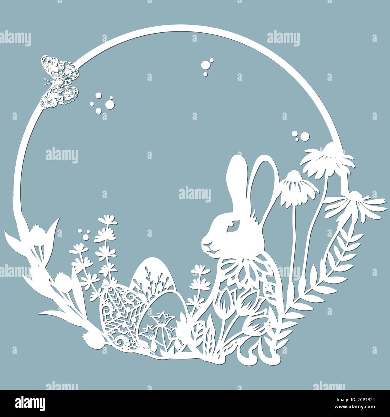 rabbit, hare in a round frame, with patterns, flowers, butterflies ...
