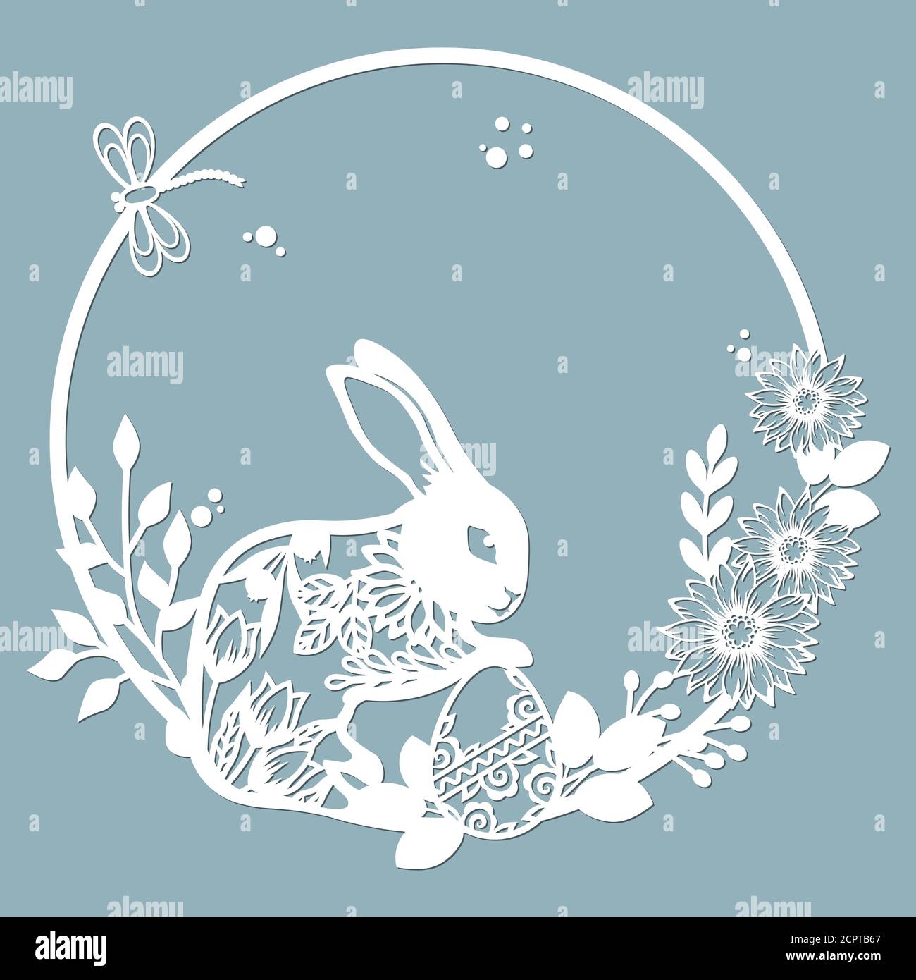 rabbit, hare in a round frame, with patterns, flowers, butterflies ...
