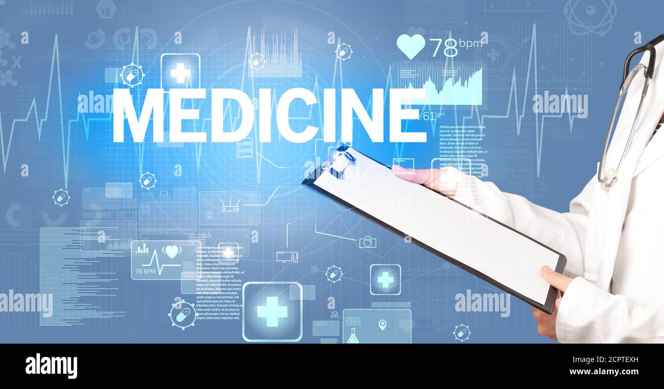 young doctor writing down notes with MEDICINE inscription, healthcare ...