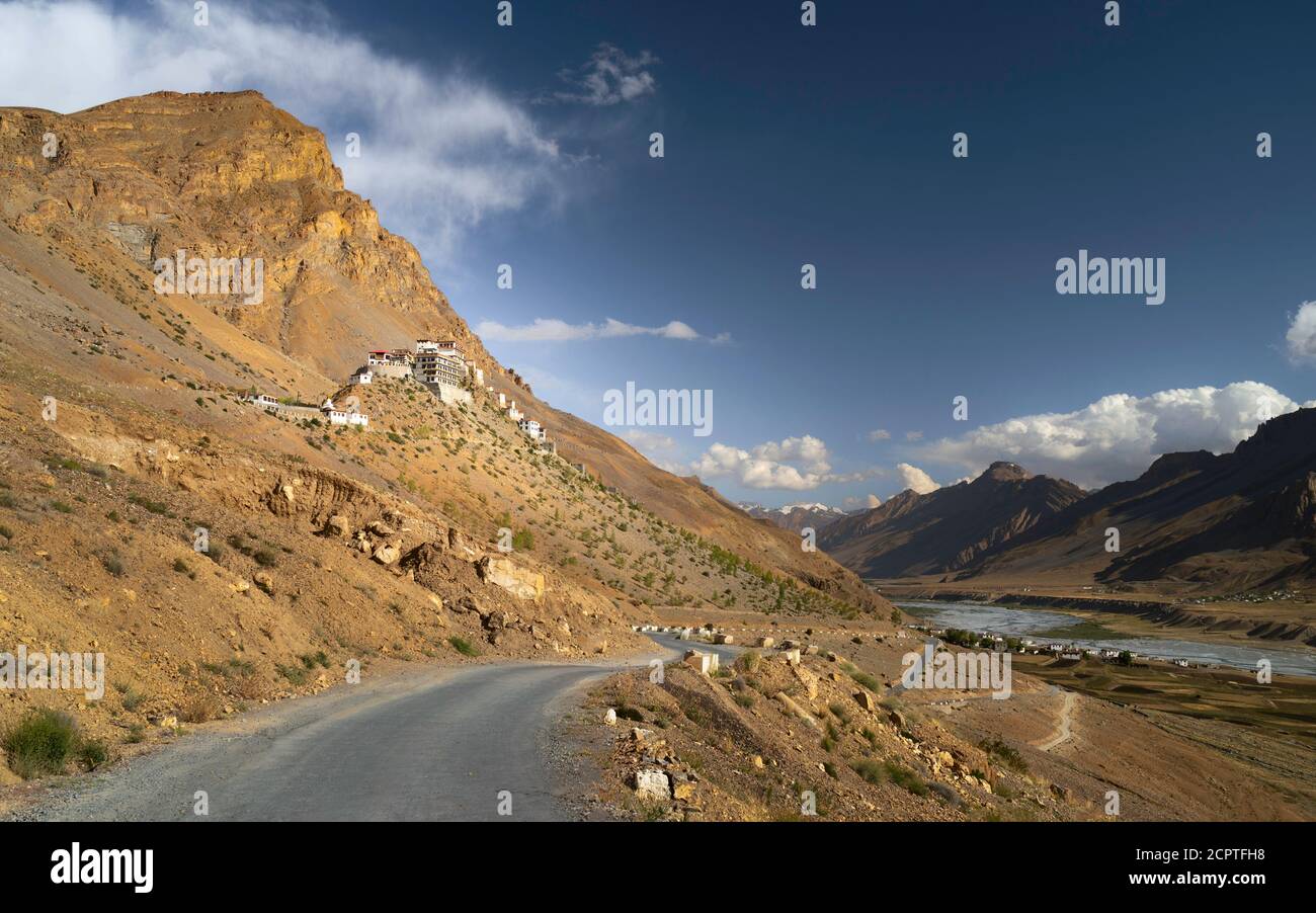 Ancient Key Monastery flanked by the high Himalayas and the Spiti river ...
