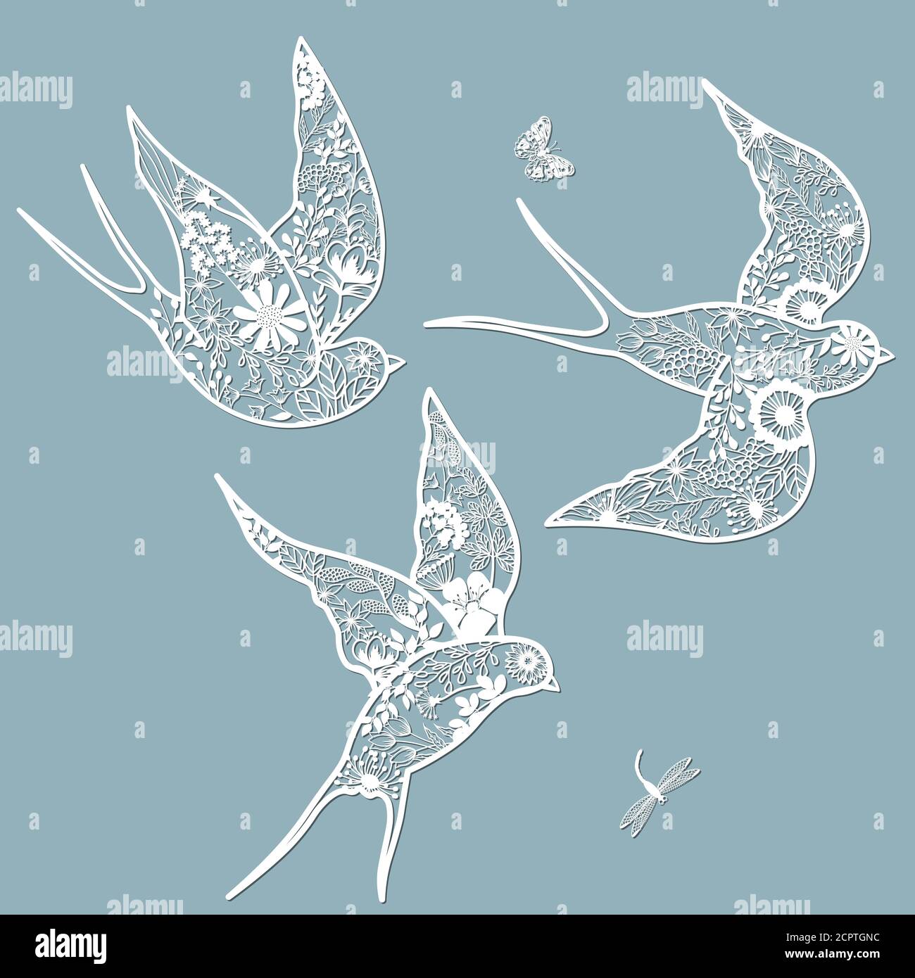 Set of stencils. Bird in flowers. Graphic vector decorative elements ...