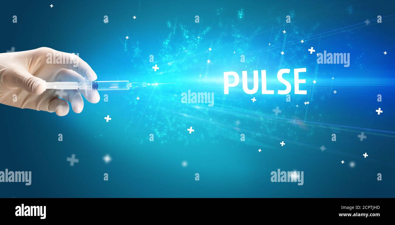 Syringe, medical injection in hand with PULSE inscription, medical ...