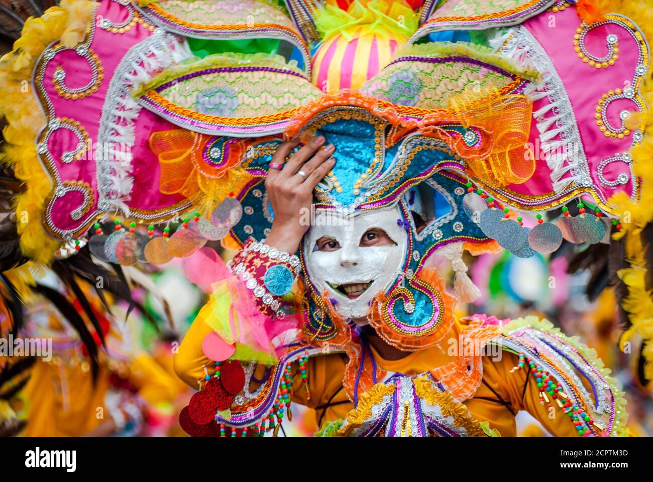 Colorful masks of street dacnce parade performer during Masskara ...