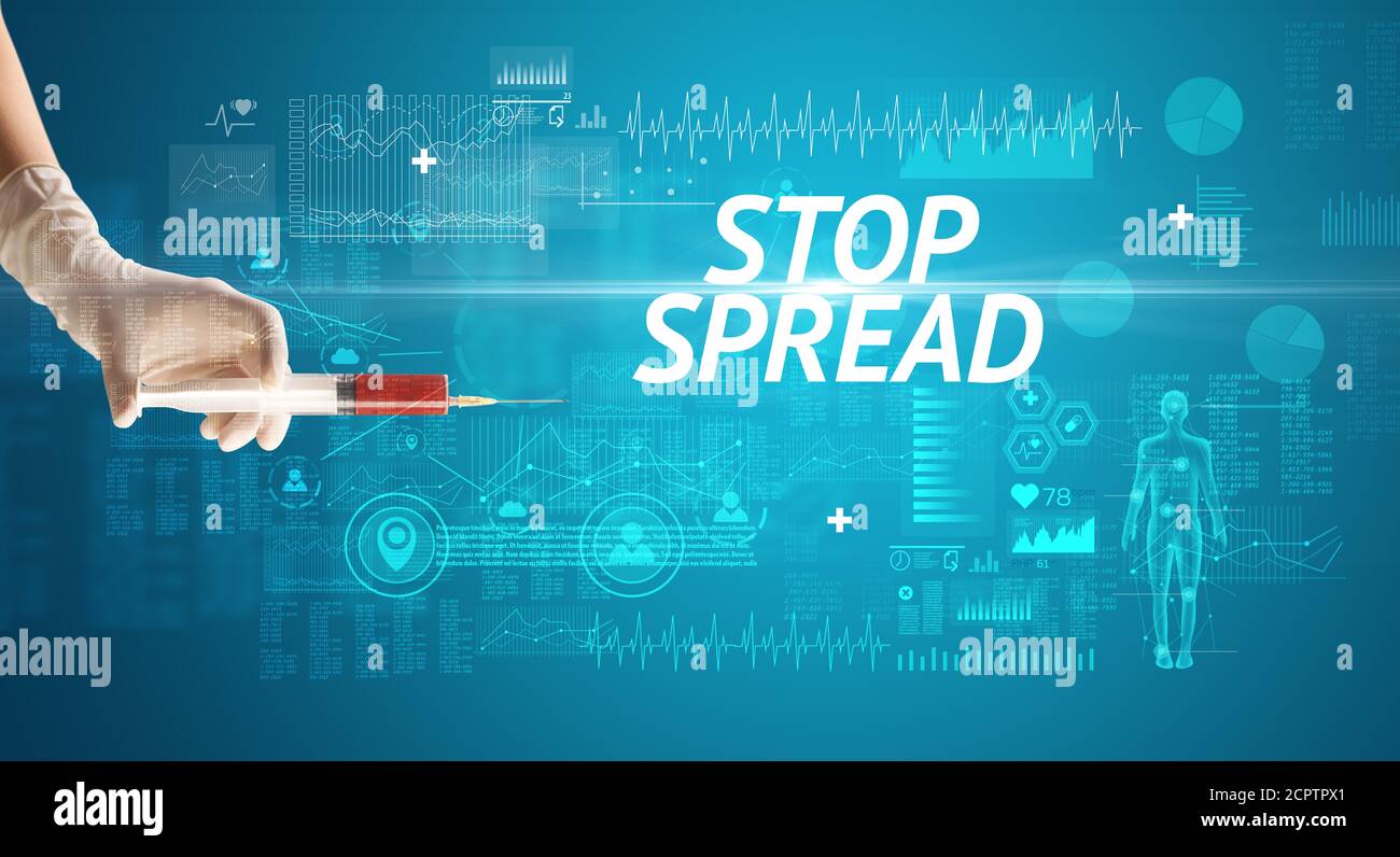 Syringe needle with virus vaccine and STOP SPREAD inscription, antidote concept Stock Photo - Alamy
