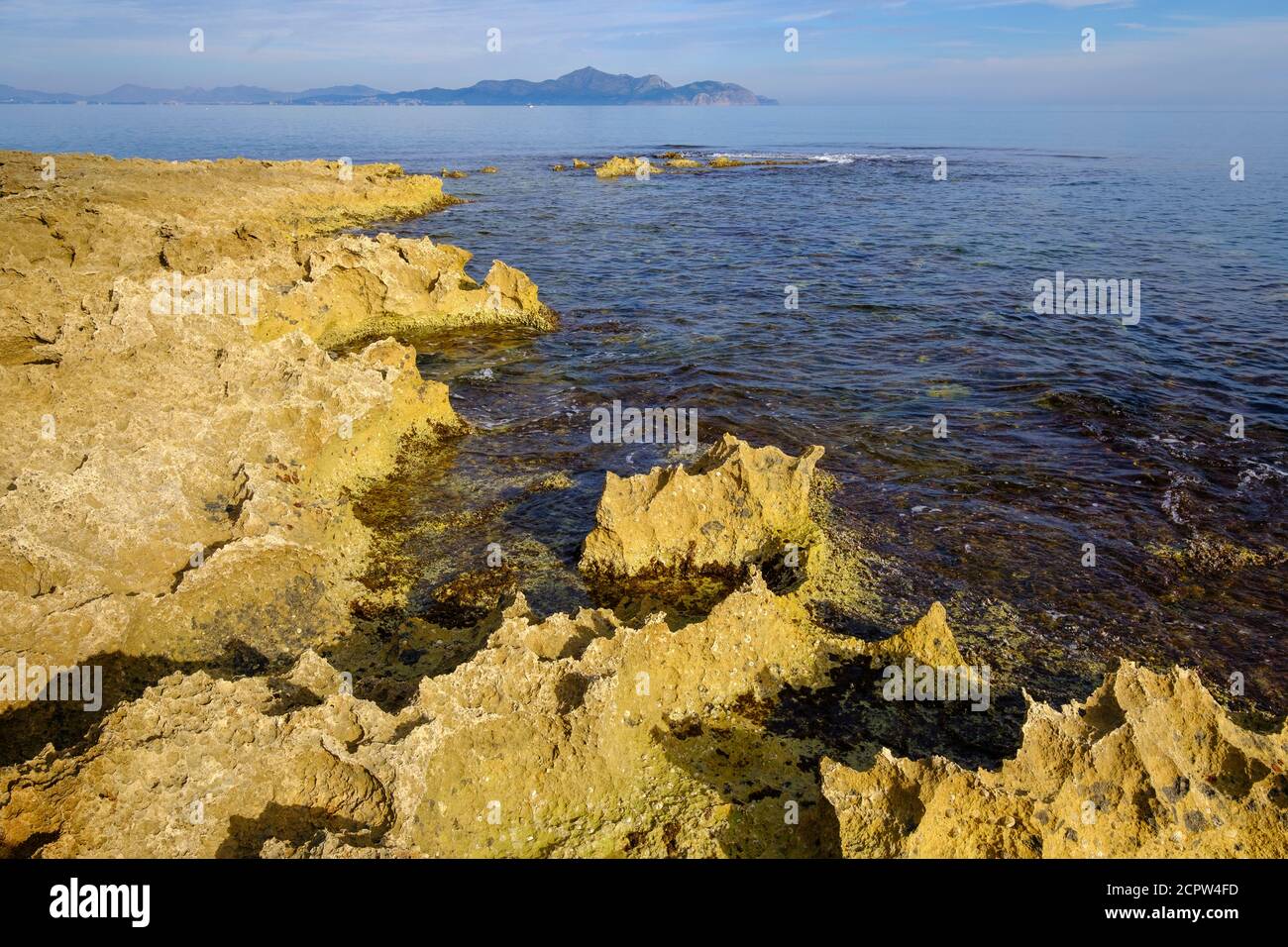 sharp-edged eroded limestone cliffs on coast near Can Picafort ...