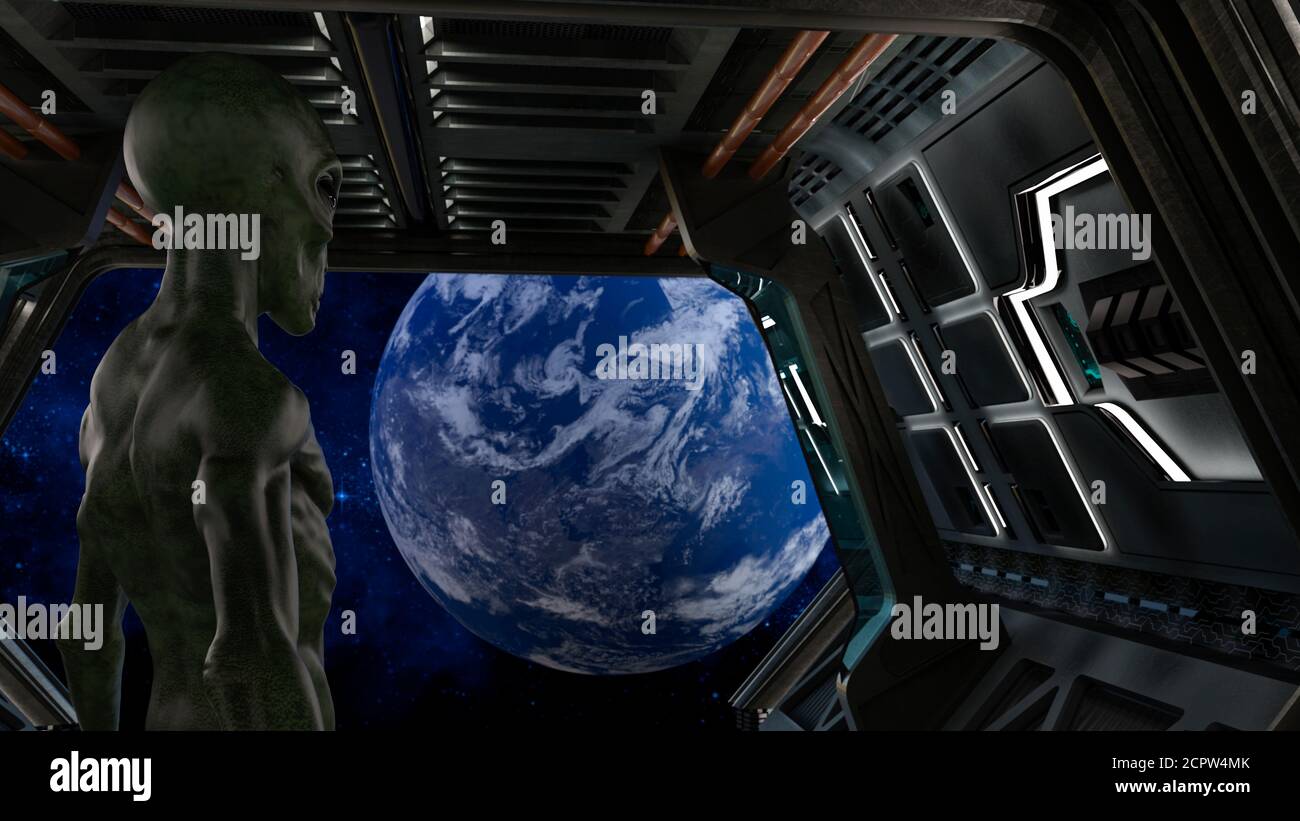 Fantasy alien in a spaceship looking earth - 3d rendering Stock Photo ...