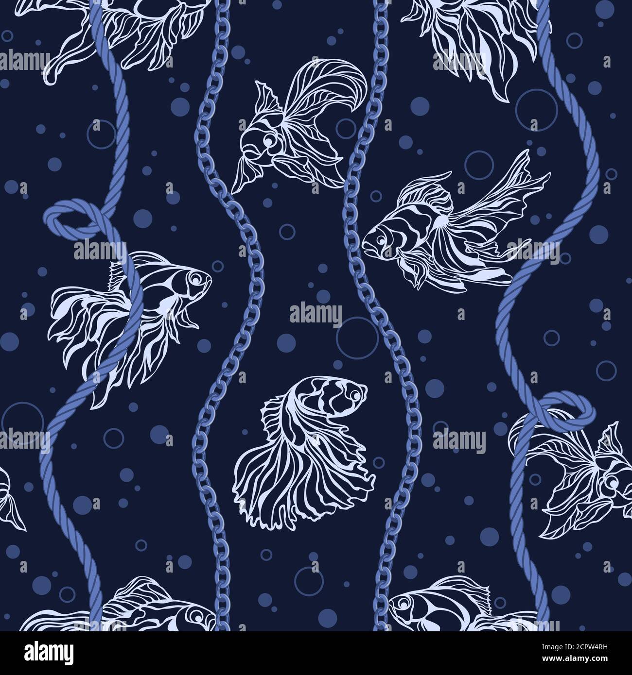 Seamless vector floral pattern background with hand drawn fish, chain ...
