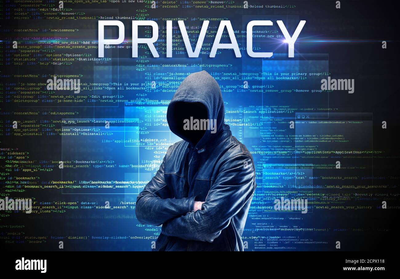 Faceless hacker with PRIVACY inscription on a binary code background ...