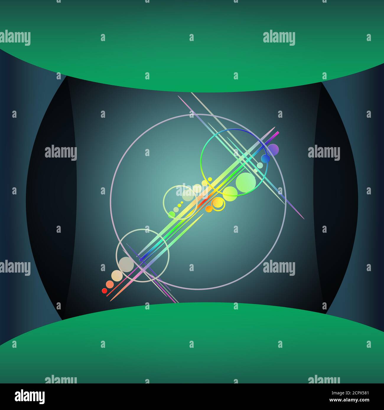 Abstract dark green ellipses with multicolored geometric circle shape ...