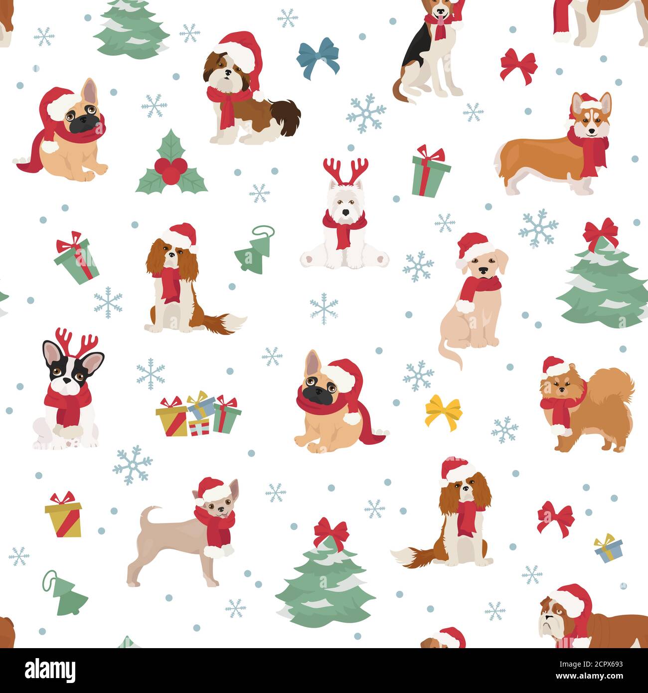 Dog characters in Santa hats and scarves. Christmas holiday seamless ...