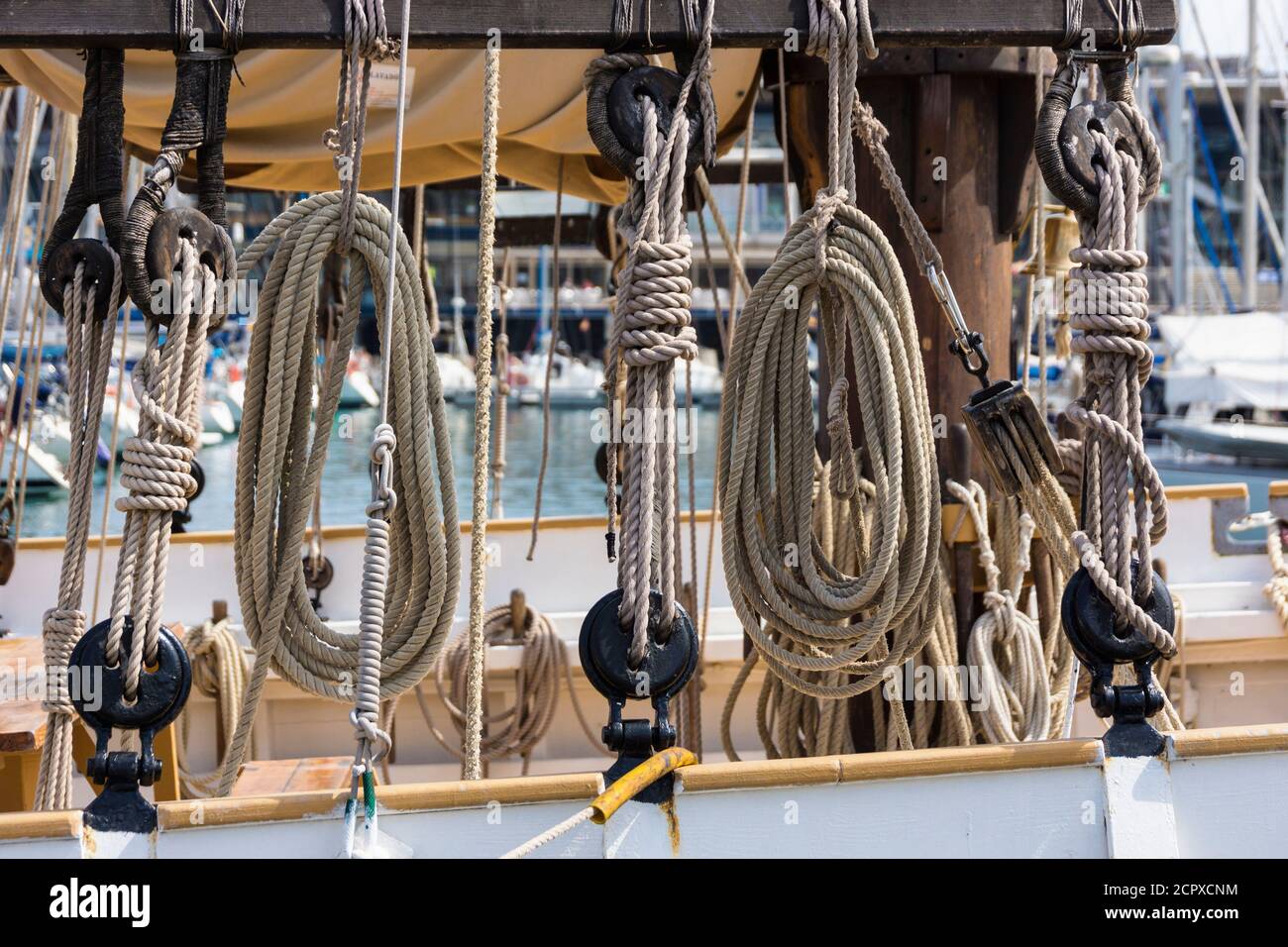 Barcelona, Port Vell, old port, sailing ship, shrouds, ropes Stock ...