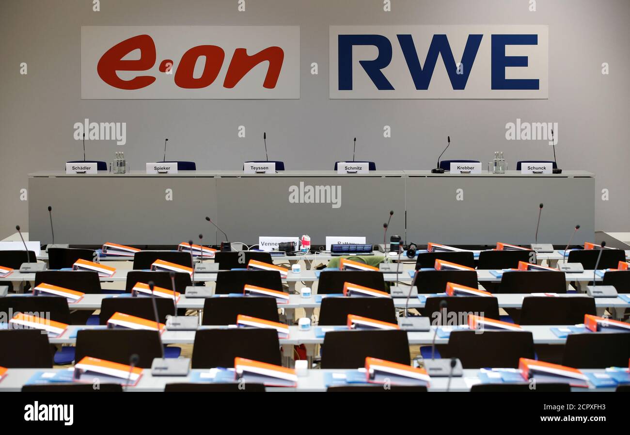 The logos of RWE and E.ON are seen before a joint news conference of ...